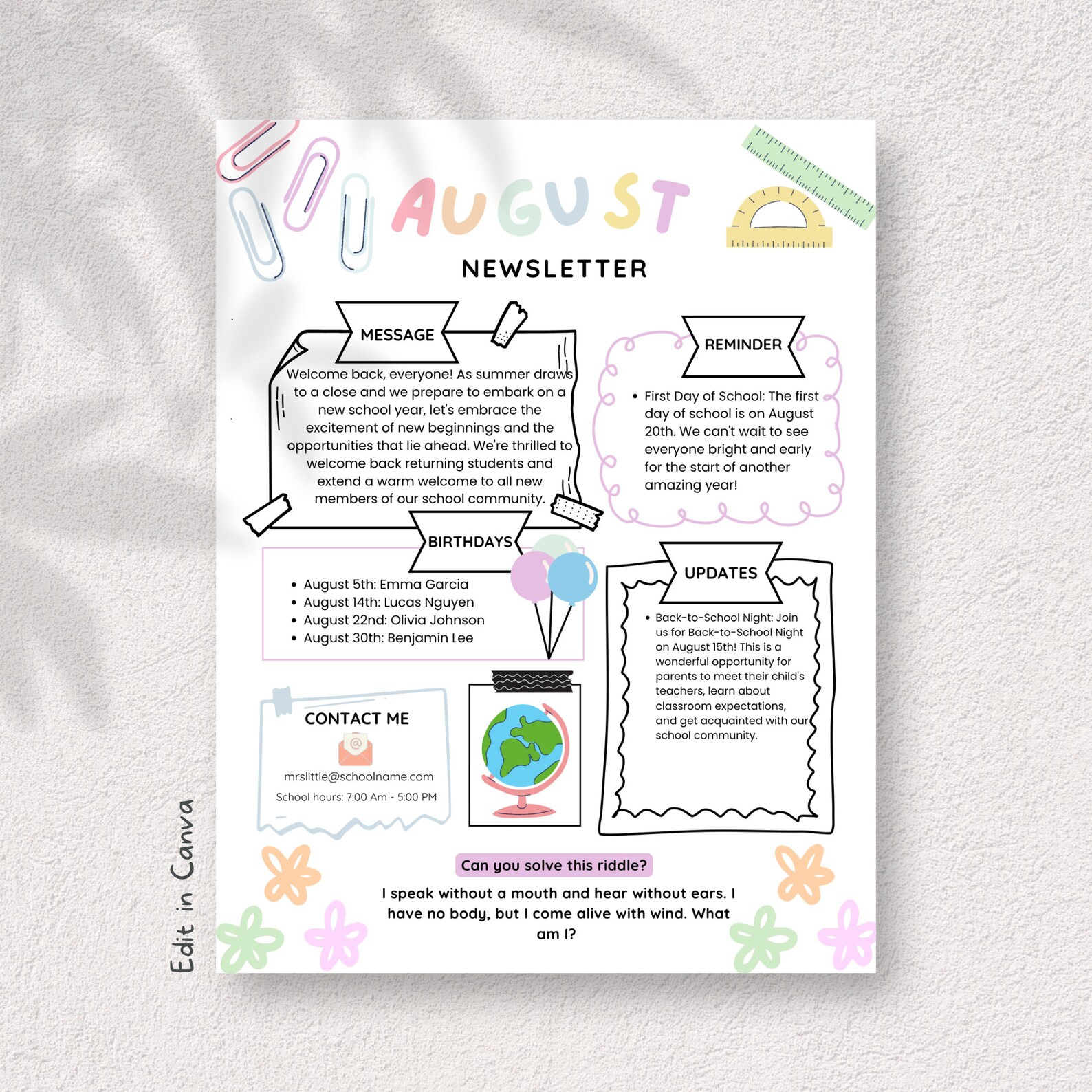 Newsletter Template, Editable Newsletter, Monthly Newsletter, School ...