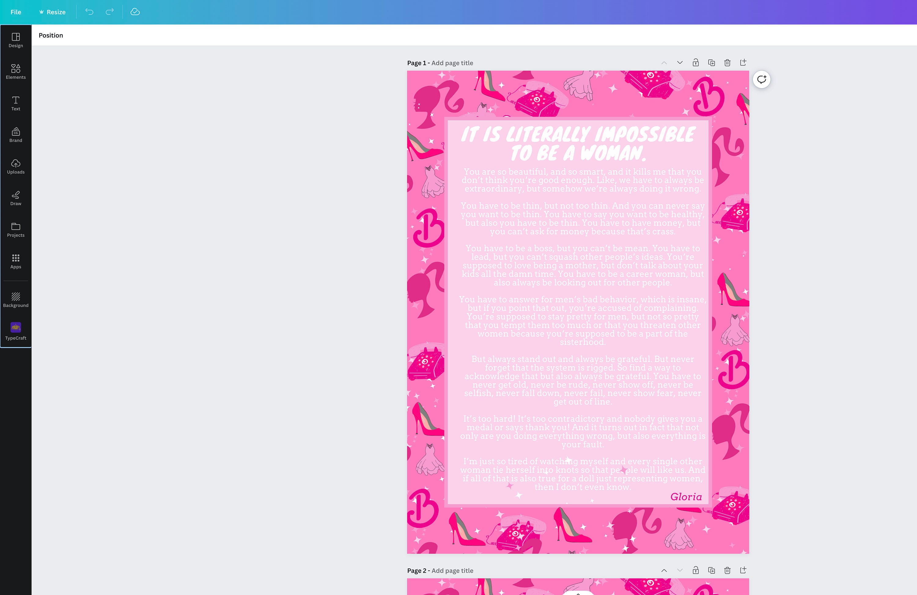Barbie Poster It Is Literally Impossible To Be A Woman Glorias Speech
