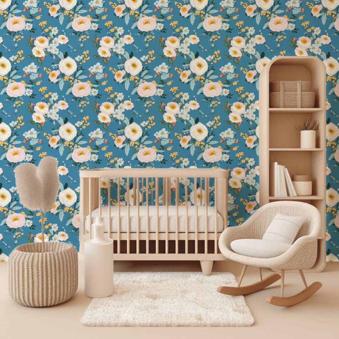 Blue Cottagecore Wallpaper Illustrated Floral Cottagecore - Etsy
