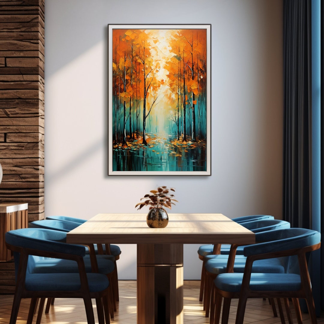 Abstract Autumn Forest Canvas Art: Emerald, Teal & Orange - Etsy