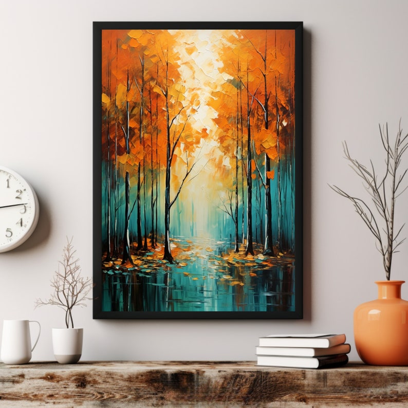 Abstract Autumn Forest Canvas Art: Emerald, Teal & Orange - Etsy