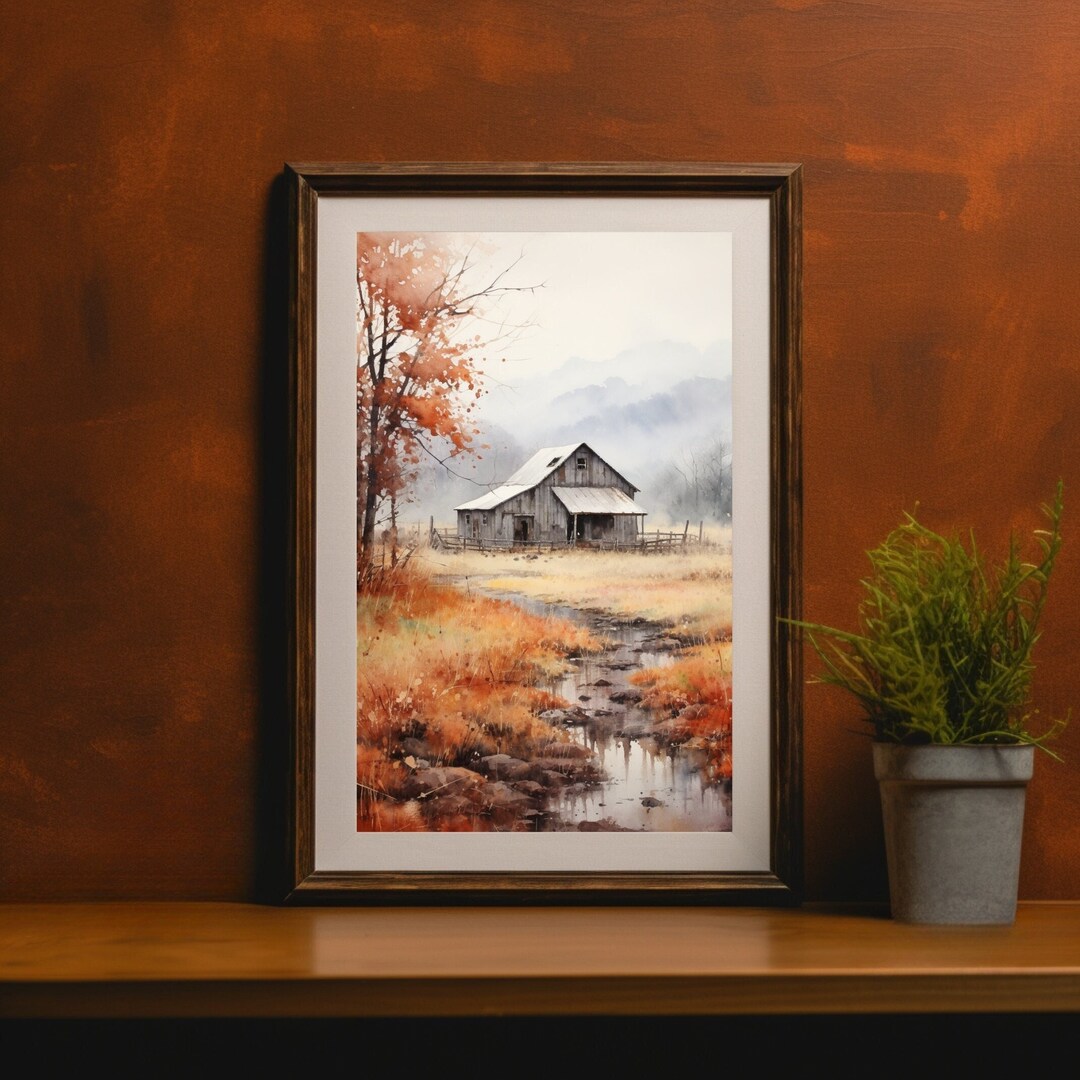 Rustic Barn Watercolor Print: Autumn Mountain Landscape (digital ...