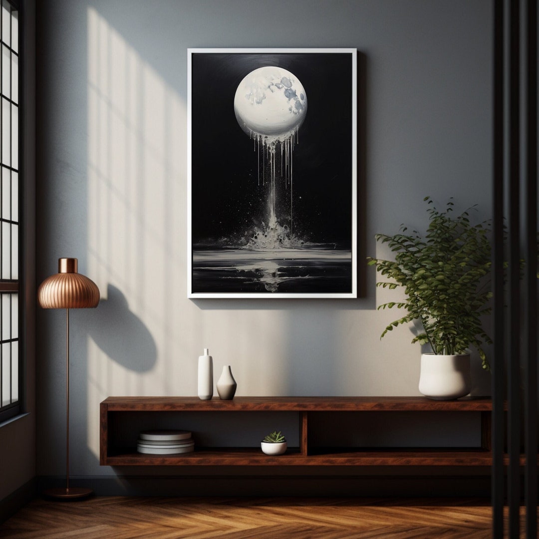 Lunar Drip: Modern Art Moon Painting, Black White Abstract Art Canvas ...