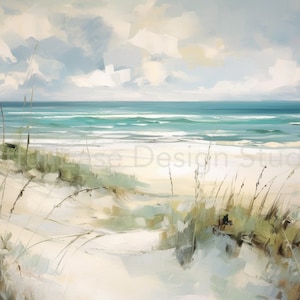 Tranquil Beach Art | Vintage Seascape Painting | Muted Turquoise and ...