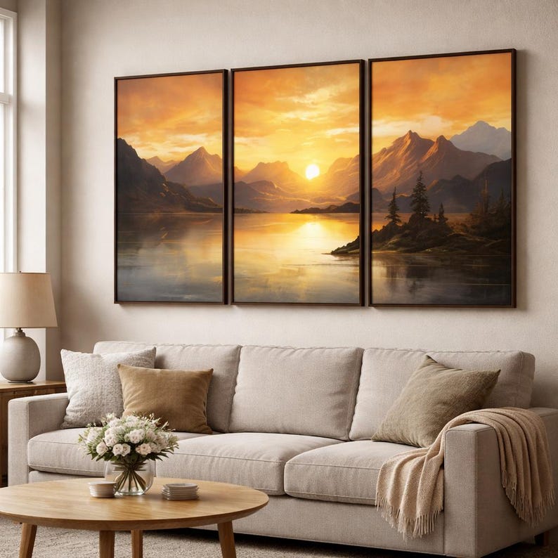 Sunset Mountain Canvas Art Set: Lake Triptych Wall Decor - Etsy UK