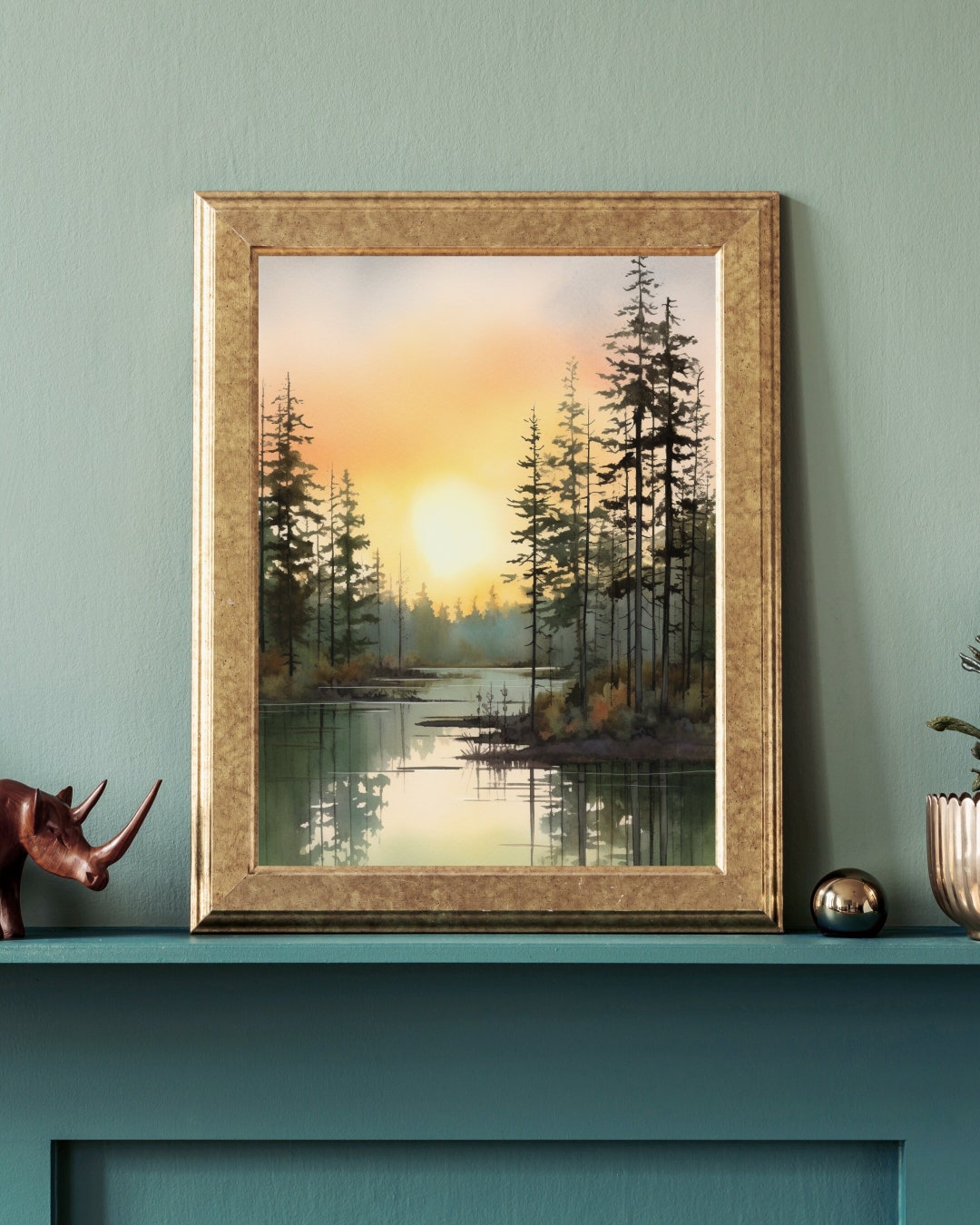 Pine Forest Ink Painting: Twilight Lake Reflection Art Print (digital ...