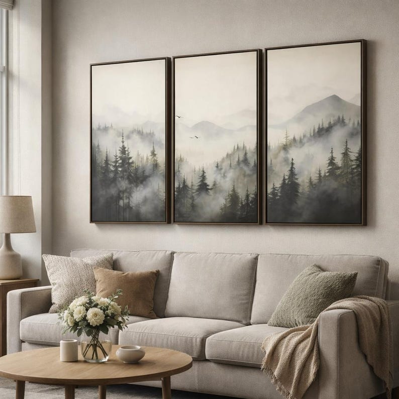 Foggy Landscape Print Set of 3: Large Misty Forest Mountain Wall Art ...