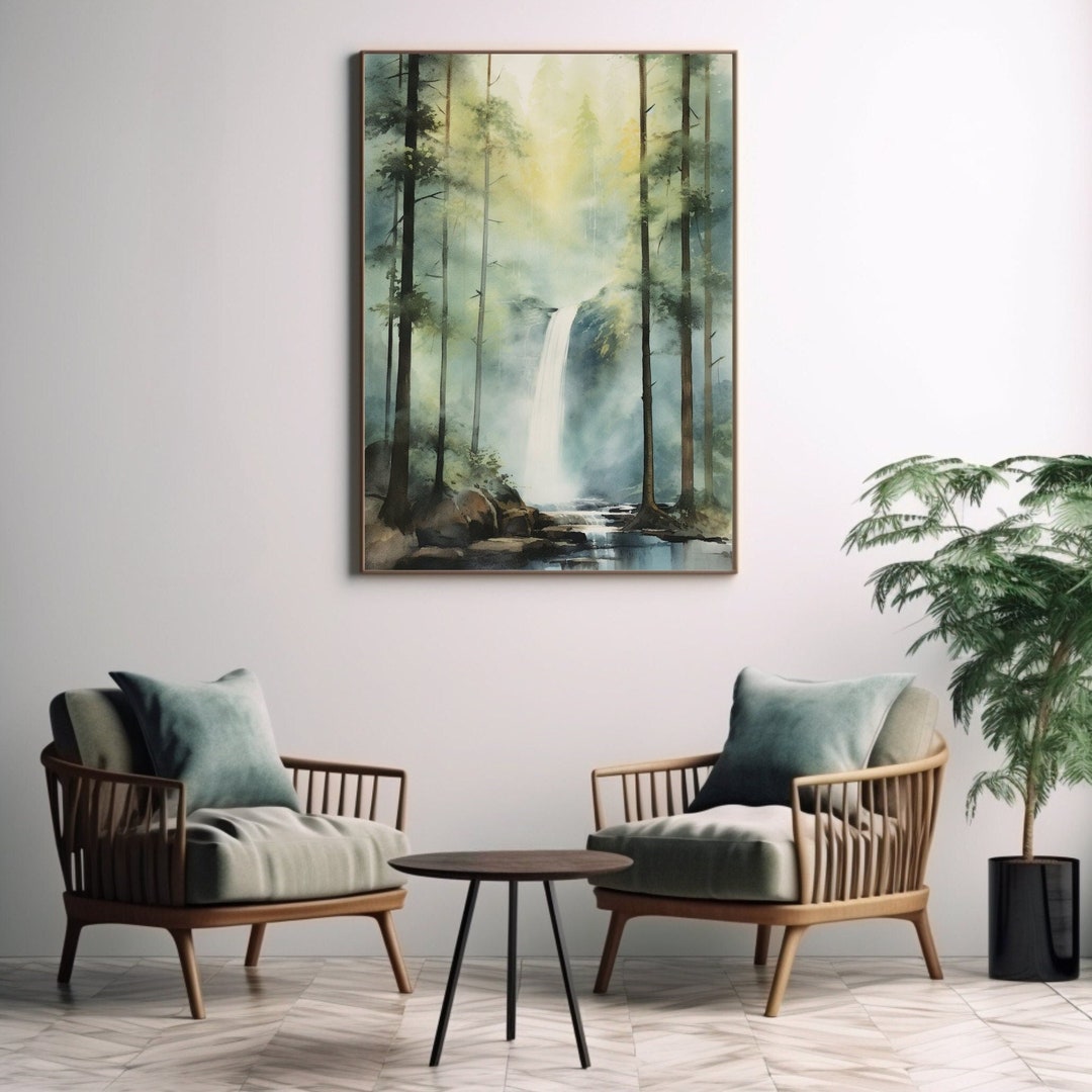 Watercolor Waterfall Canvas Art: Coastal Cottagecore Forest Scene - Etsy