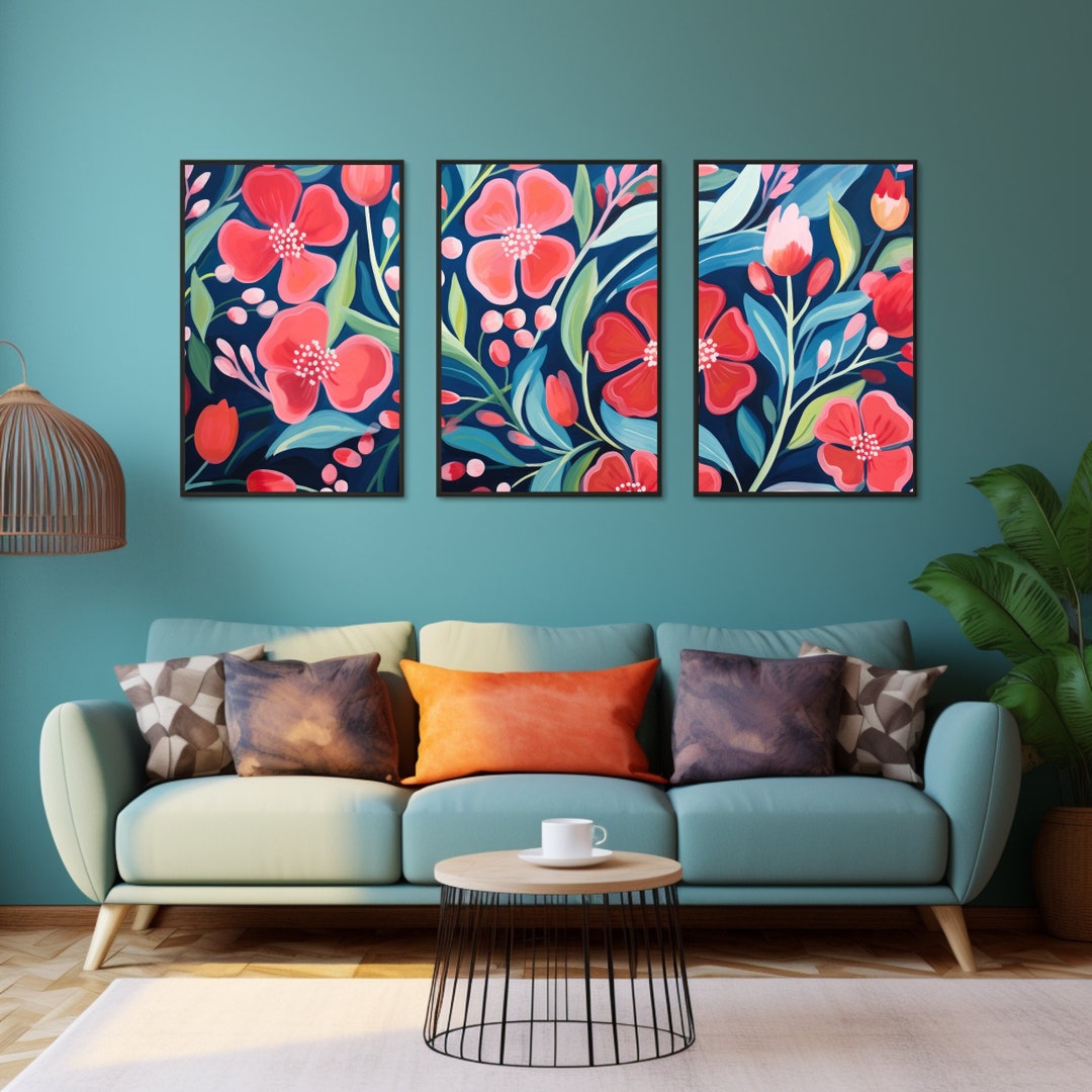 Set of 3 Vibrant Floral Prints Wall Art Colorful Flower Triptych ...