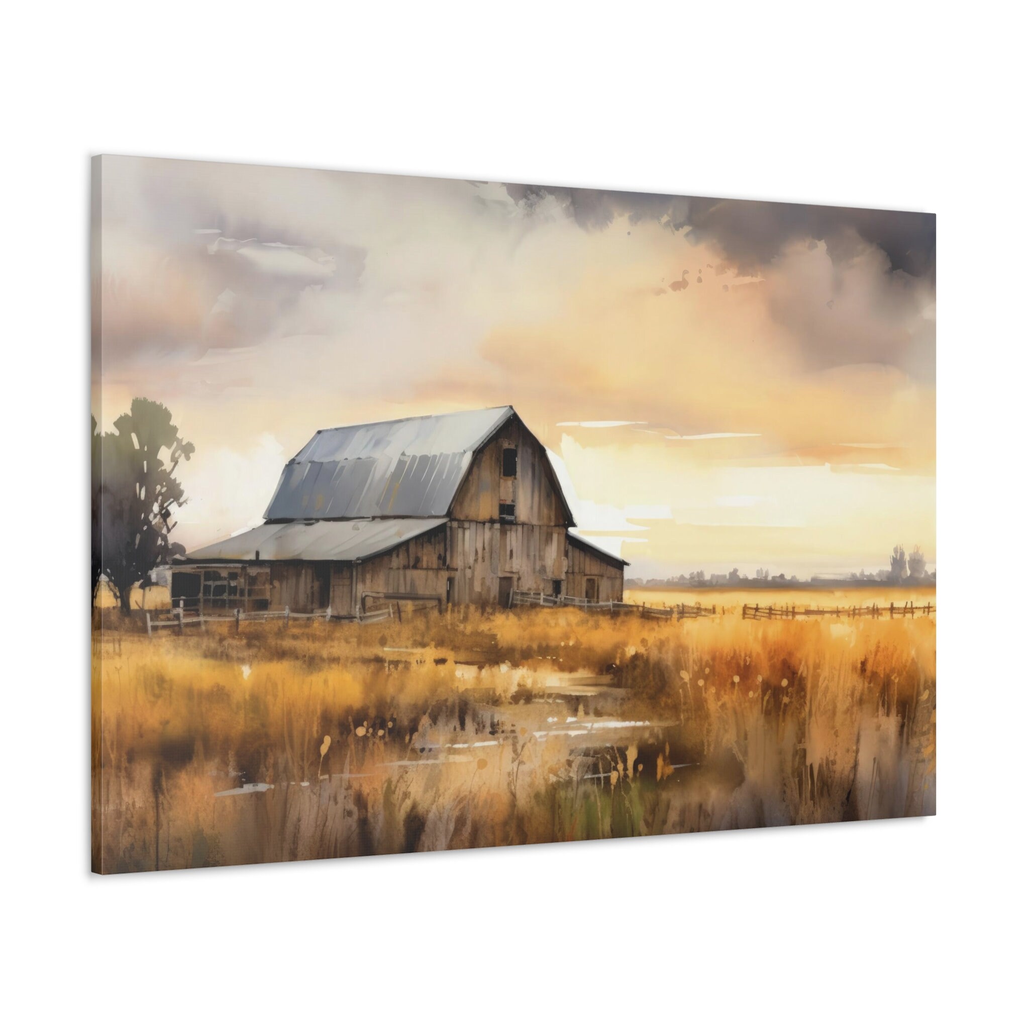 Rustic Barn Watercolor Painting: Wheatfield Landscape Canvas Print - Etsy