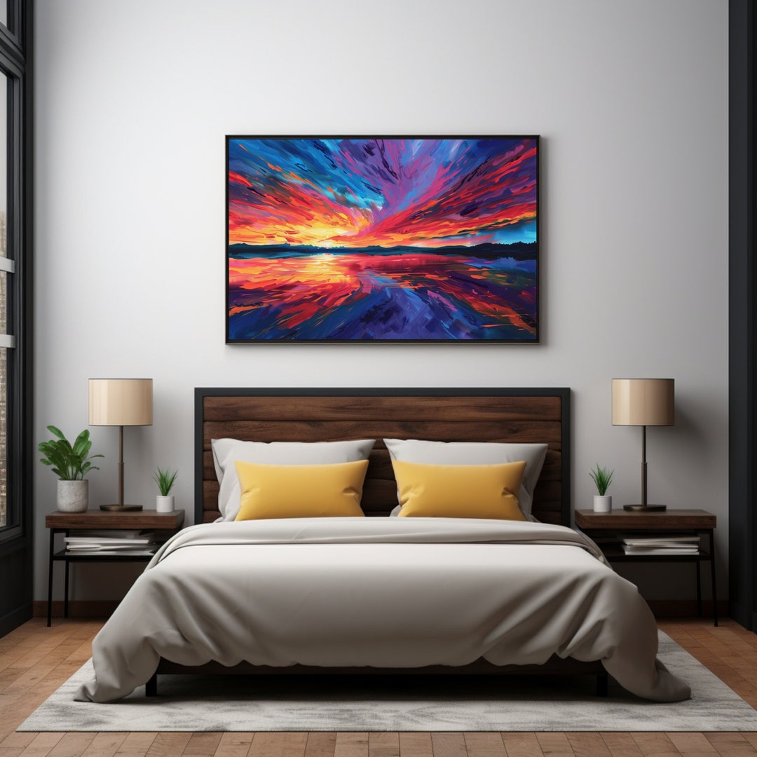 Colorburst Sunset Art, Abstract Lake Painting Artwork, Vibrant Home ...