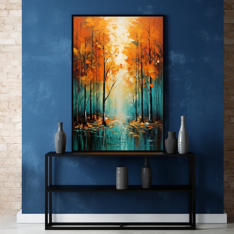 Abstract Autumn Forest Canvas Art: Emerald, Teal & Orange - Etsy