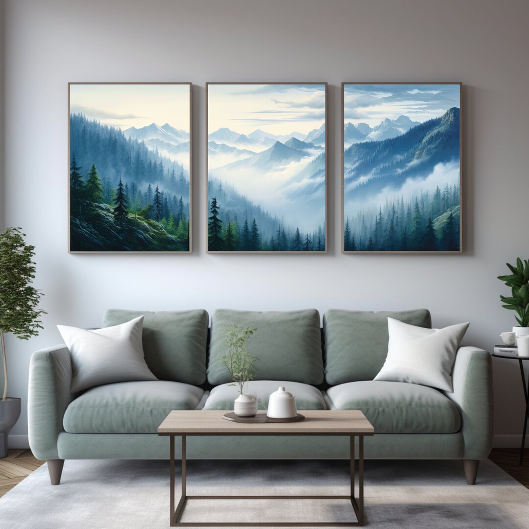 Emerald Tranquility Mountain Canvas Art Set: Misty Blue Forest Triptych - Etsy