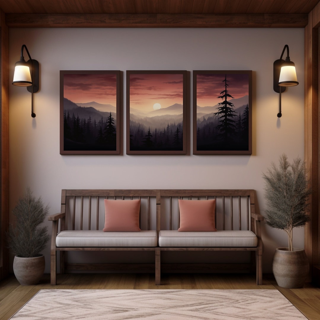Mountain Veil Landscape Triptych Canvas Wall Art Set of 3, Misty Forest ...
