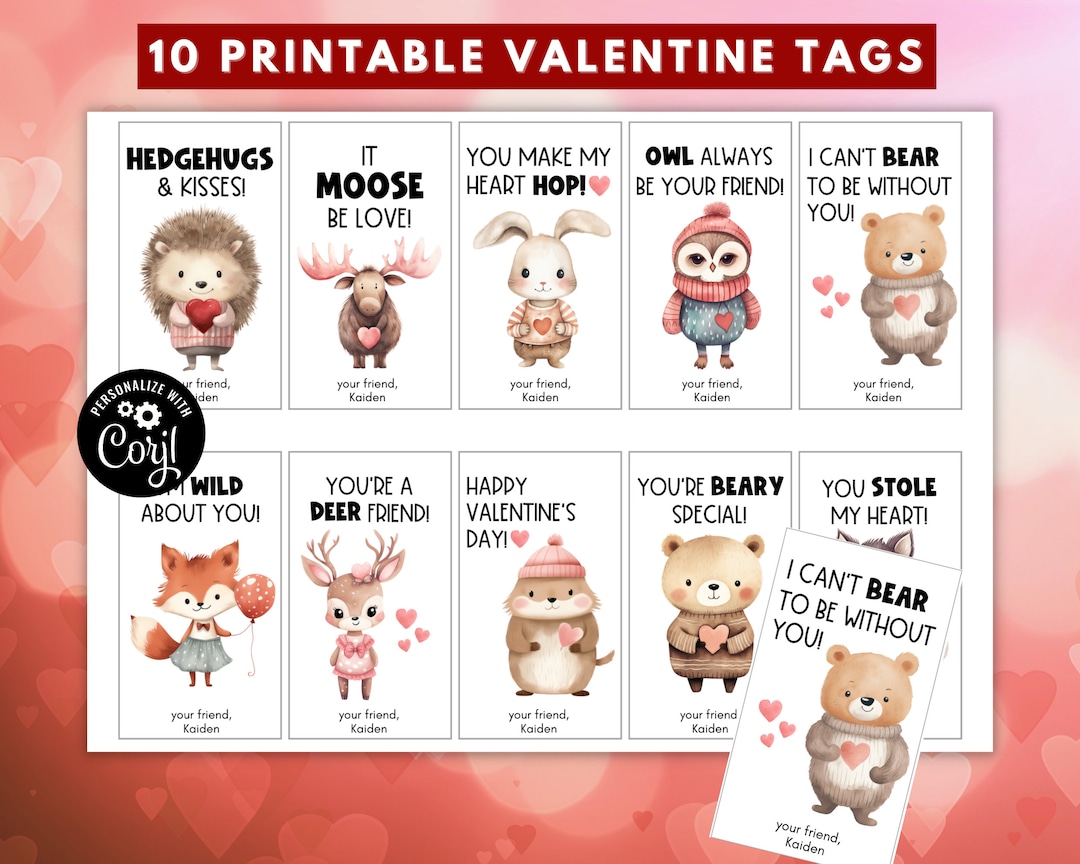 Printable Valentine Tag Woodland Animals Editable Kids Valentines Favor ...