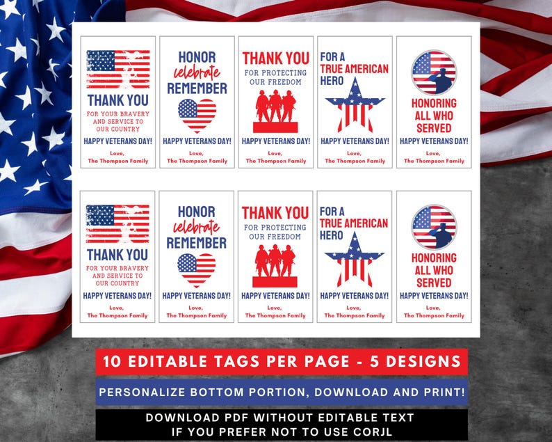 Veterans Day - Printable Gift Tags - Editable - Thank You Gift ...