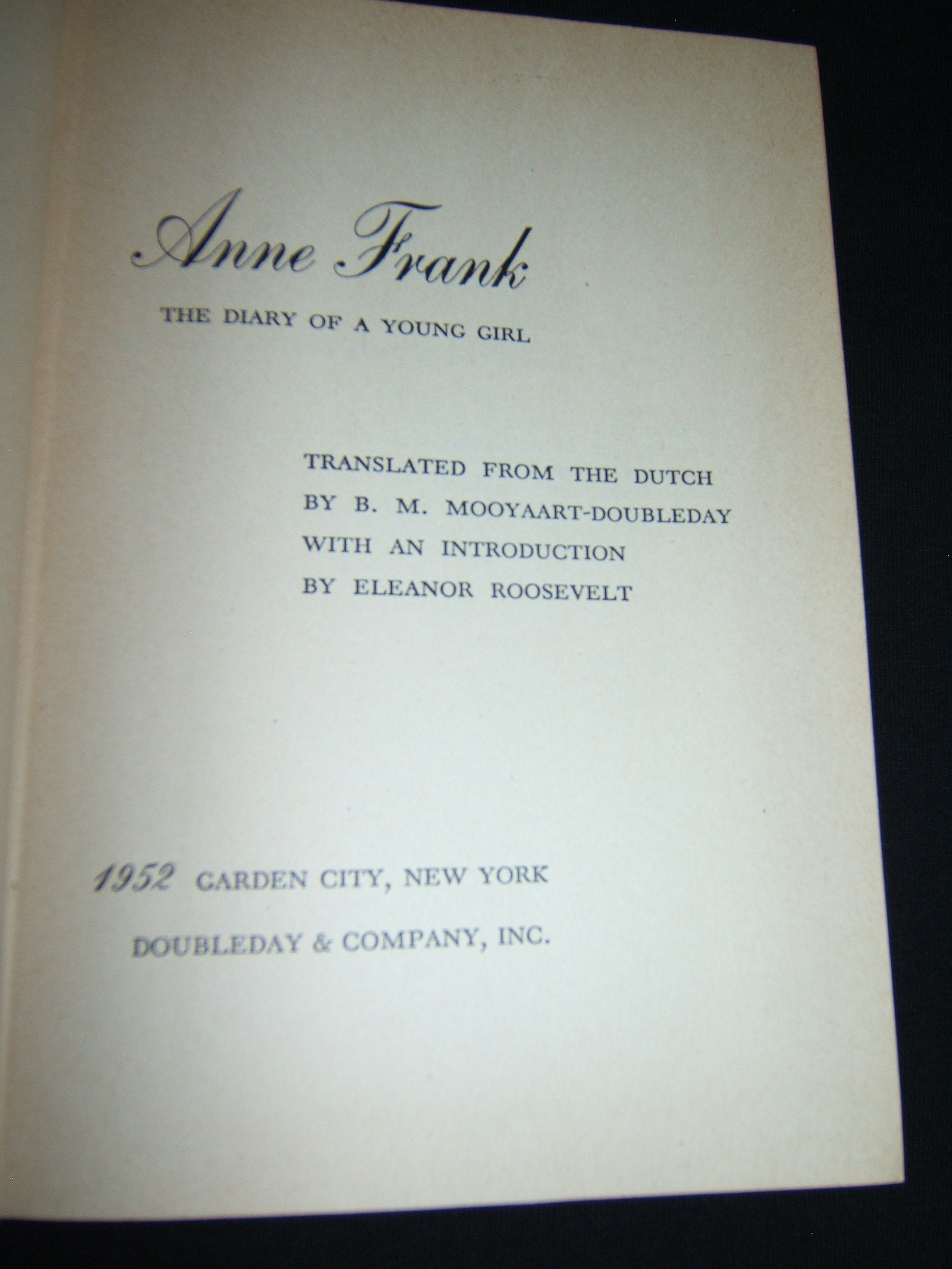 The Diary of a Young Girl Anne Frank 1952 US Edition Doubleday Eleanor ...