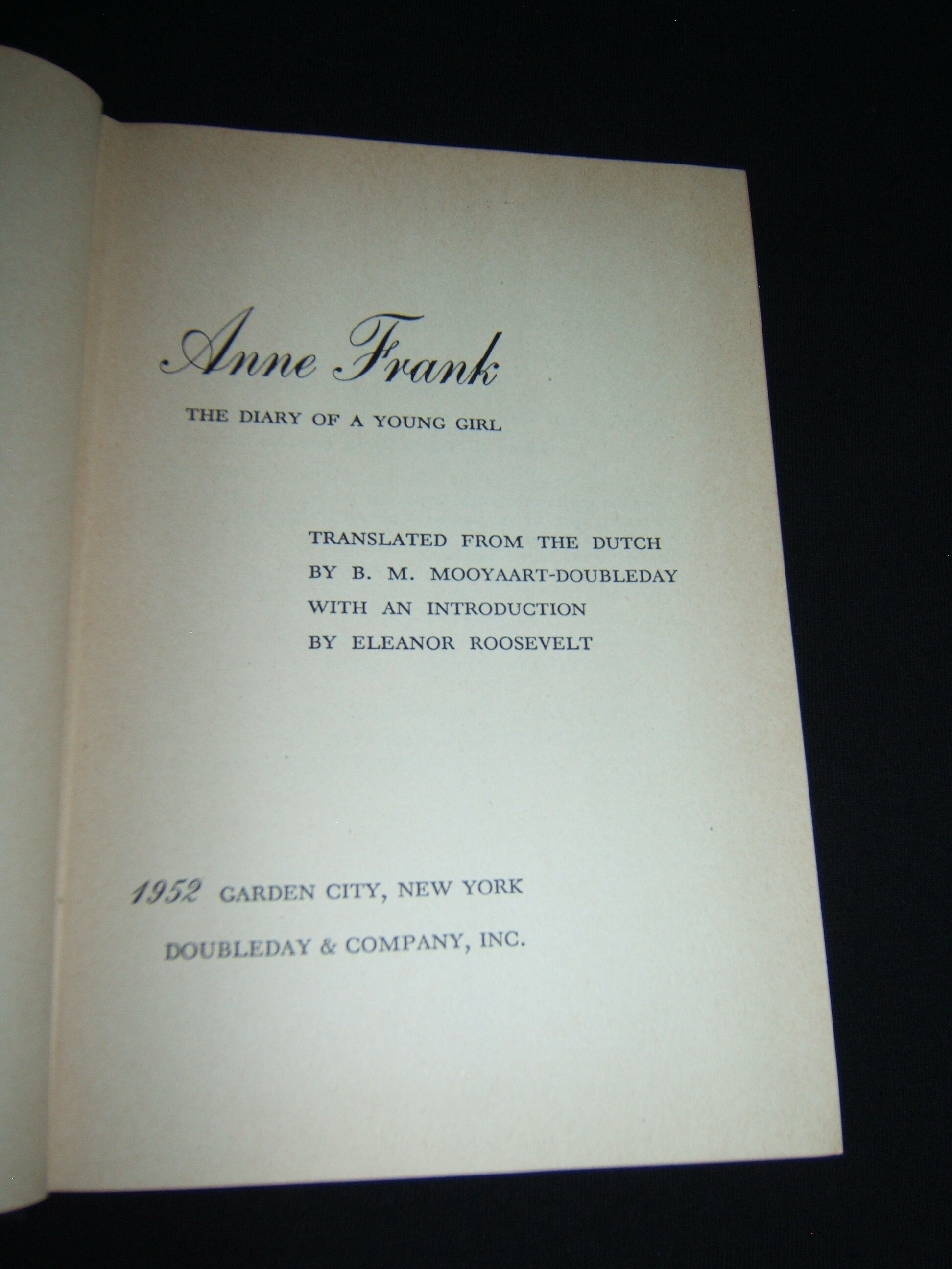 The Diary of a Young Girl Anne Frank 1952 US Edition Doubleday Eleanor ...