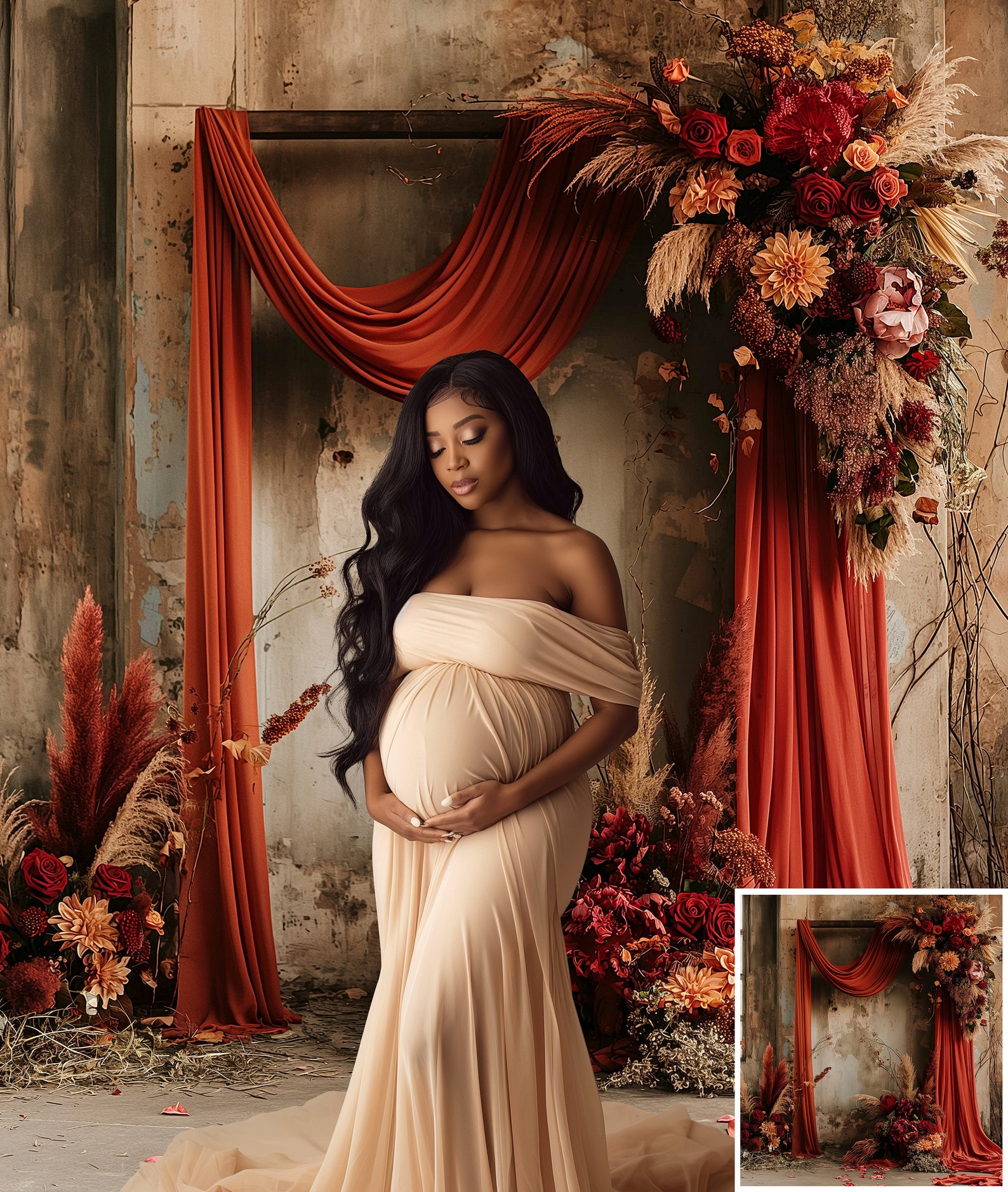 Red Curtains Maternity Backdrop: Floral Arches, Old Master Wall (JPG ...
