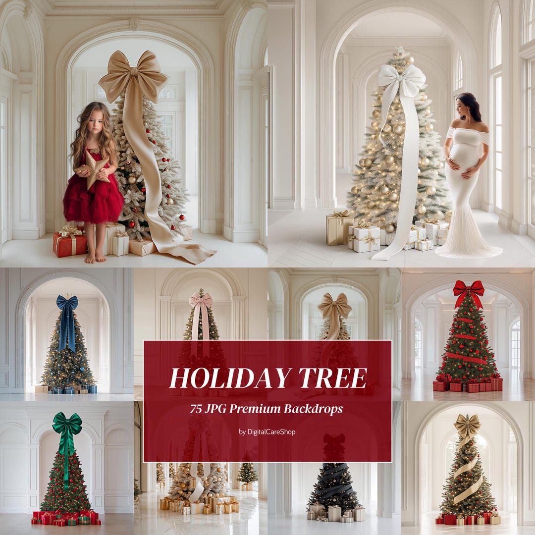 Christmas Tree Digital Backdrop: Bows, Ribbons, Fine Art Textures (JPG ...
