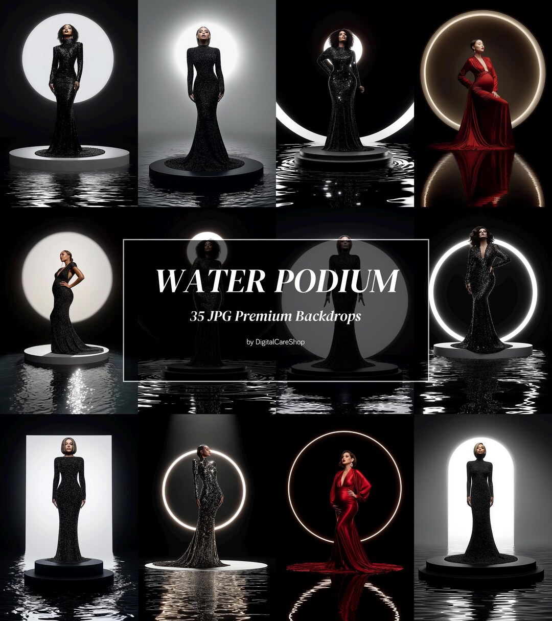 35 Black Water Podium Digital Backdrops With Spotlight Dark Stage ...