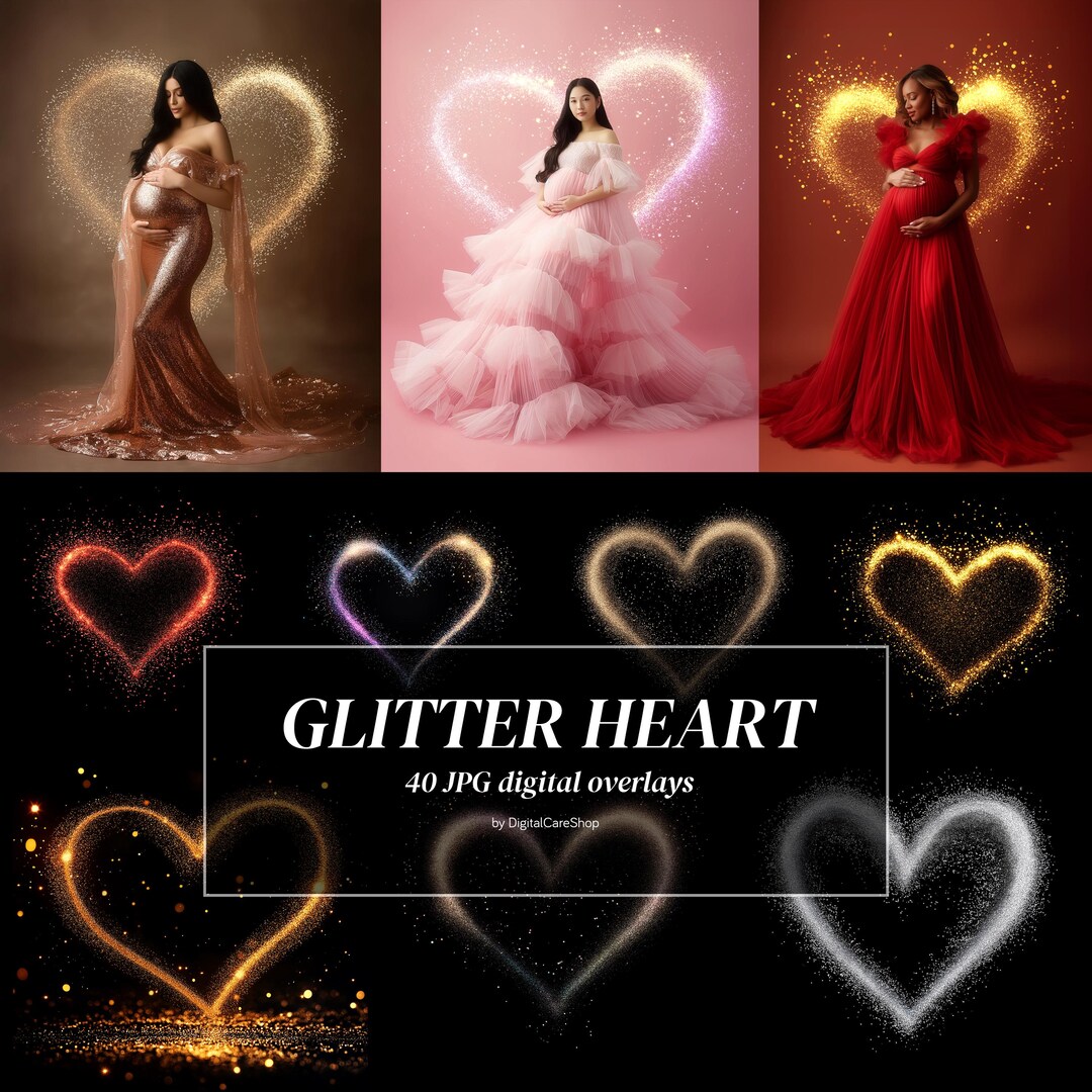 Valentine Heart Bokeh Overlays: Gold Glitter Photography Backdrops (JPG ...