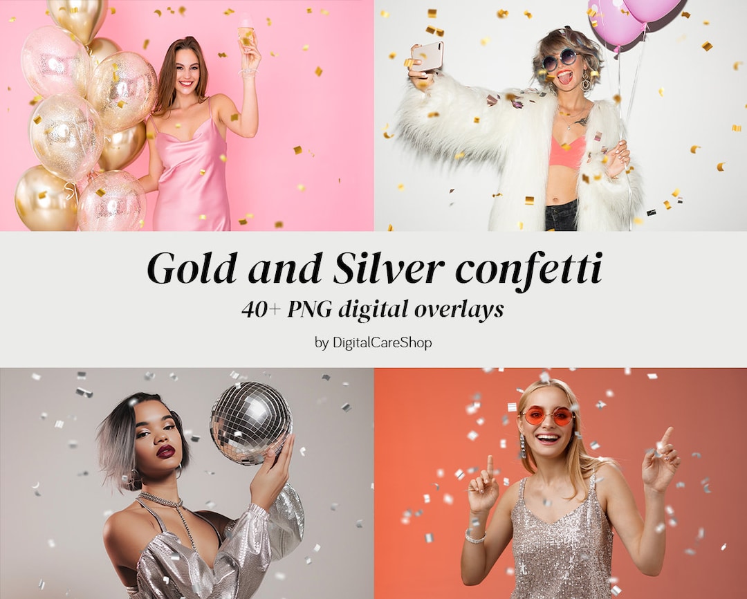 40 Gold and Silver Confetti Overlays Realistic Blowing Confetti for ...
