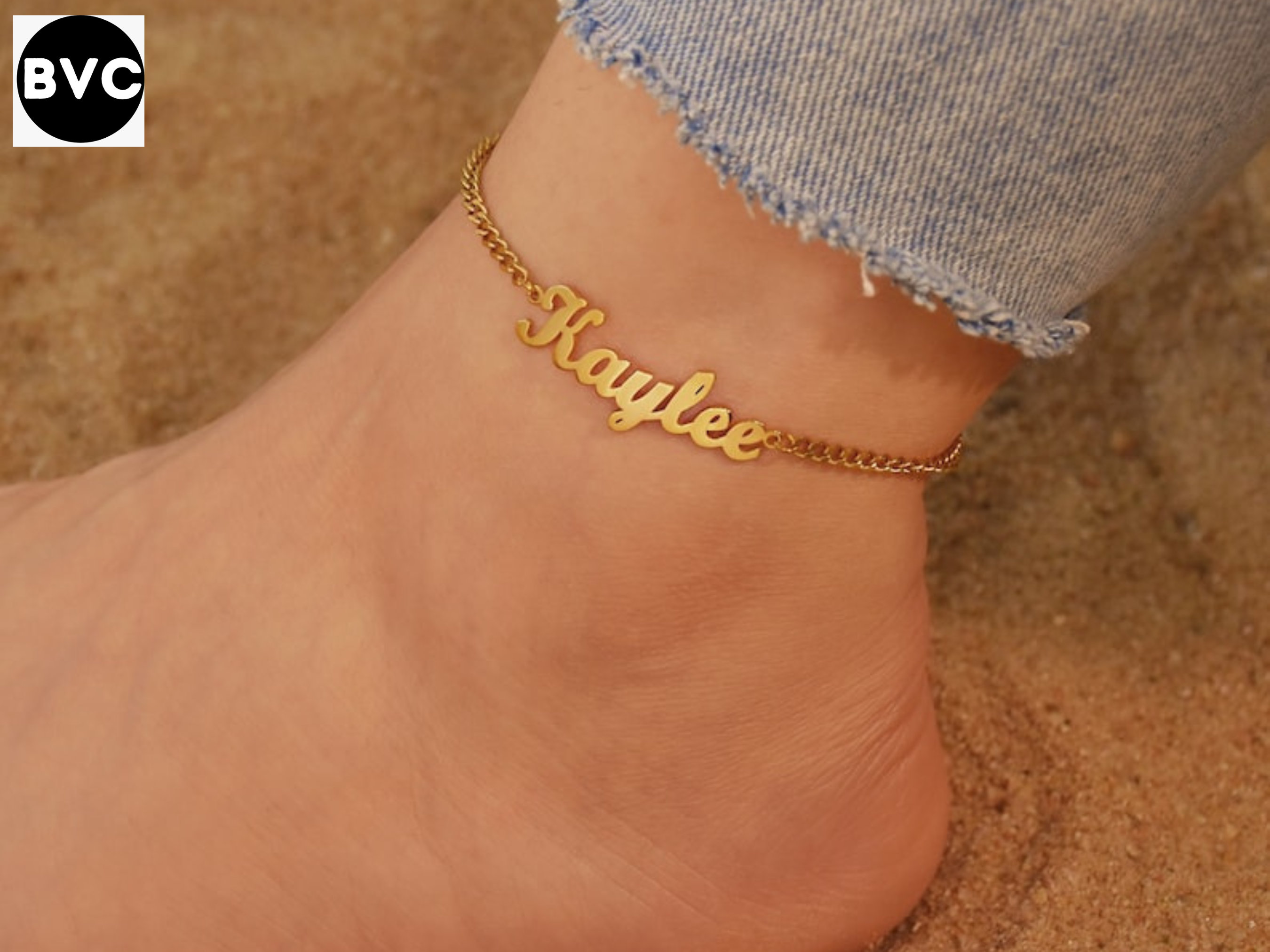 Classy Solid Gold Initial Anklet, Custom Silver Name Anklet, Nameplate ...