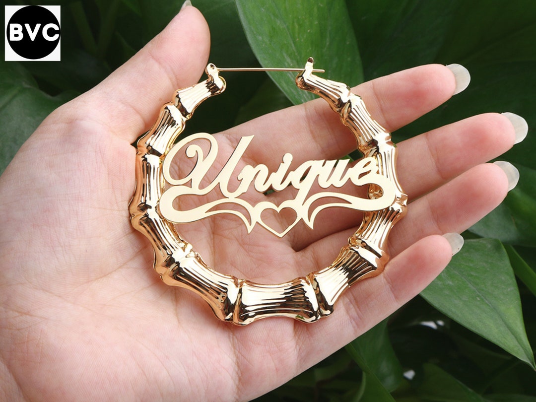 Bold Custom Name Hoop Earring,gold Bamboo Earrings,big Statement Bamboo ...