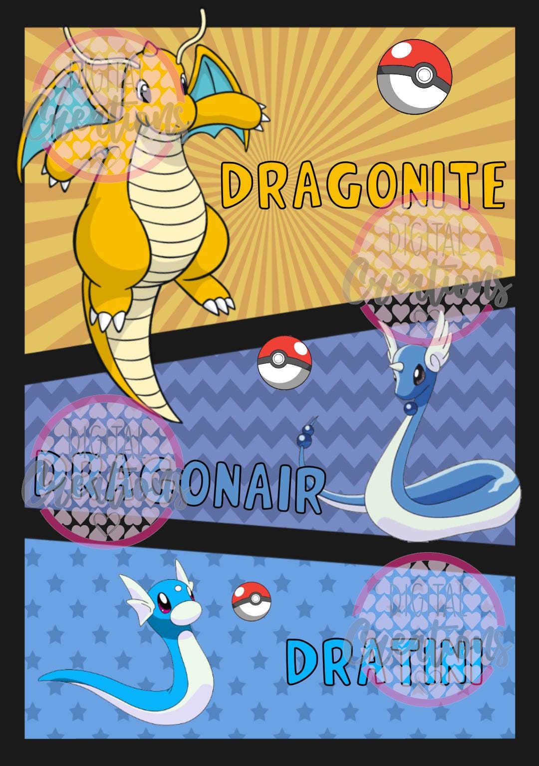 Dratini, Dragonair, Dragonite Evolution Pokemon Print | A4, 8x10 ...