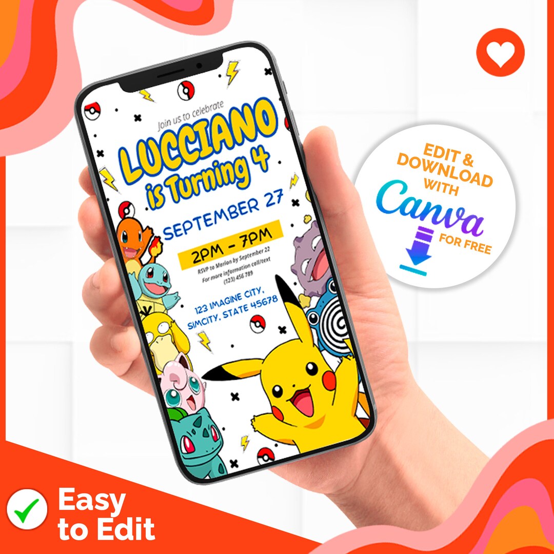 Pokemone Birthday Invitation, Pikachu Invitation, Pikachu Party Invite ...