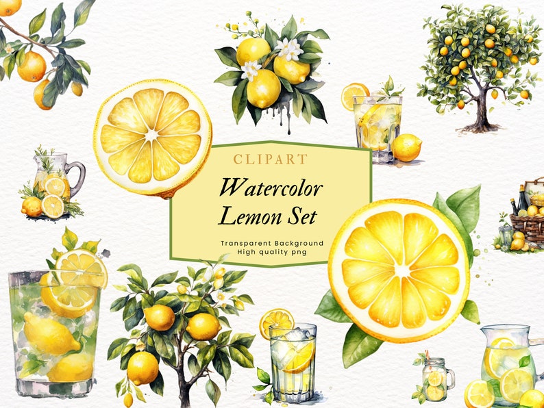 Vibrant Watercolor Lemon Clipart Set Citrus Fruit - Etsy