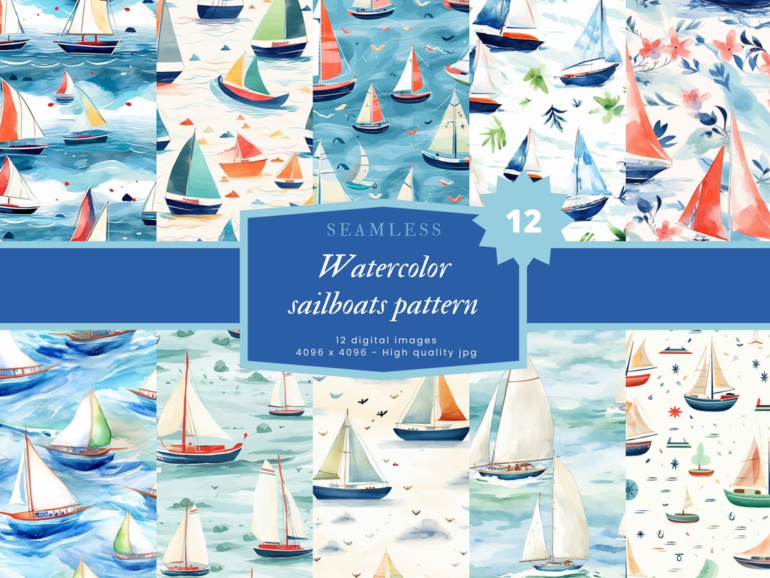 12 Watercolor Sailboats Summer Pattern Bundle, Digital Paper Pack ...