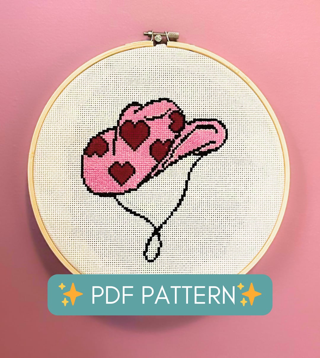 Pink Cowboy Hat Cross Stitch Pattern With Hearts Digital Download ...