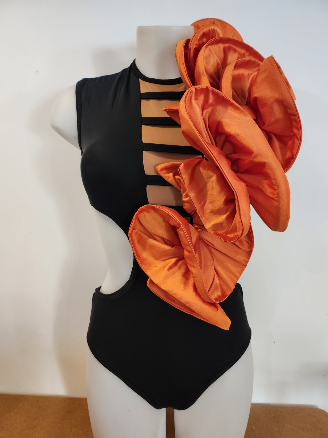 New Adult Dance Costume Leotard Orange Taffeta Ruffle 3d Detail ...