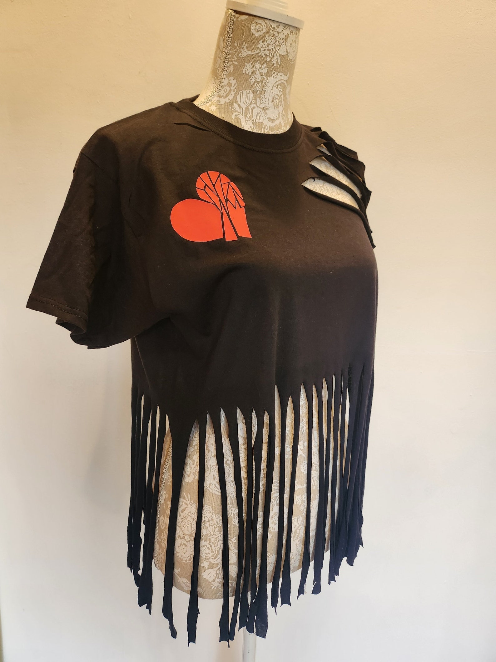 Handmade Black T-shirt & Shorts Set: Red Heart Print, Cut Fringe - Etsy