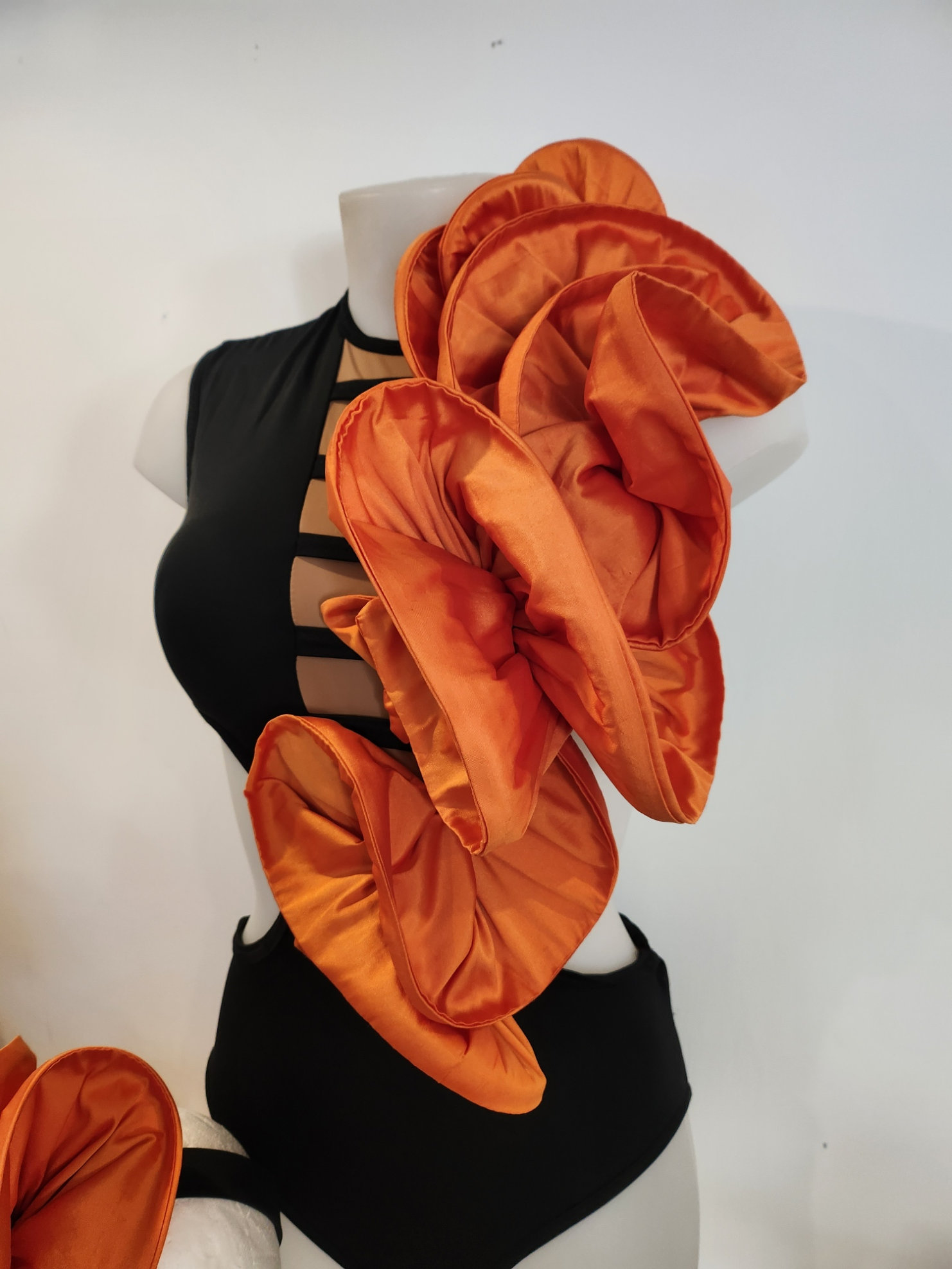 New Adult Dance Costume Leotard Orange Taffeta Ruffle 3d Detail