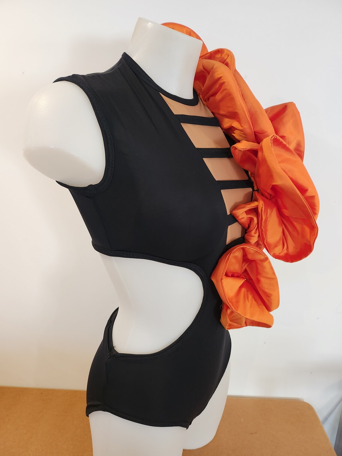 New Adult Dance Costume Leotard Orange Taffeta Ruffle 3d Detail ...