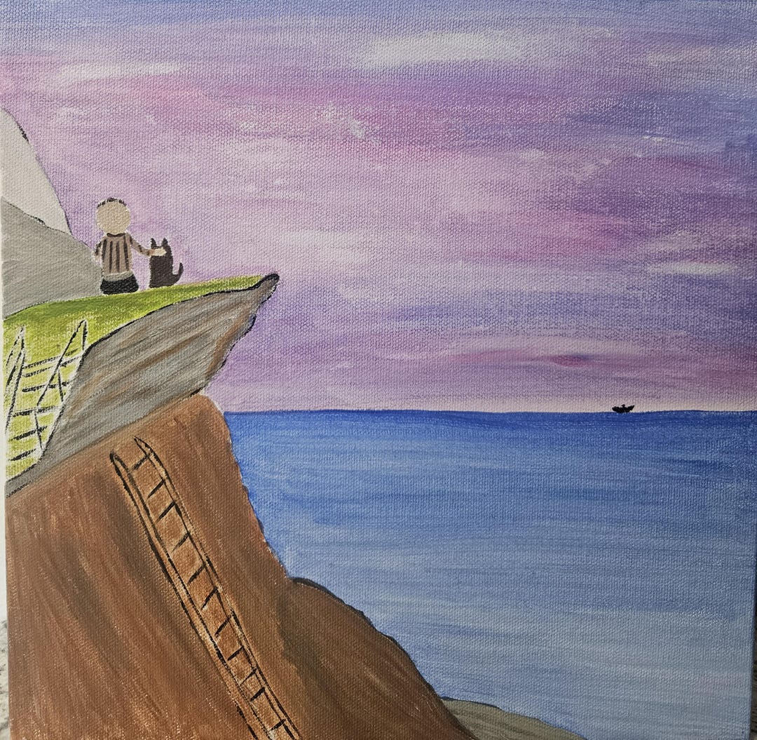 Naive Coastal Painting, Man and Dog Cliffside Scene, 12x12 Canvas - Etsy
