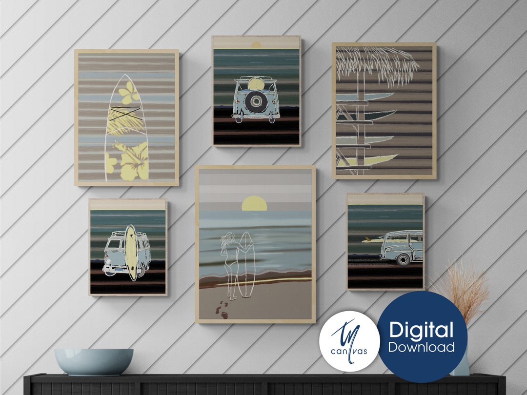 Female Surfer Printable Wall Art Bundle, Set of 6 Coastal Print, Blue ...