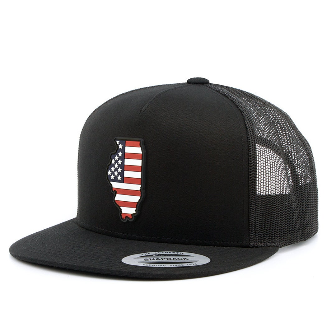 Illinois Map American Flag Trucker Hat 5 Panel Flatbill Illinois Map ...