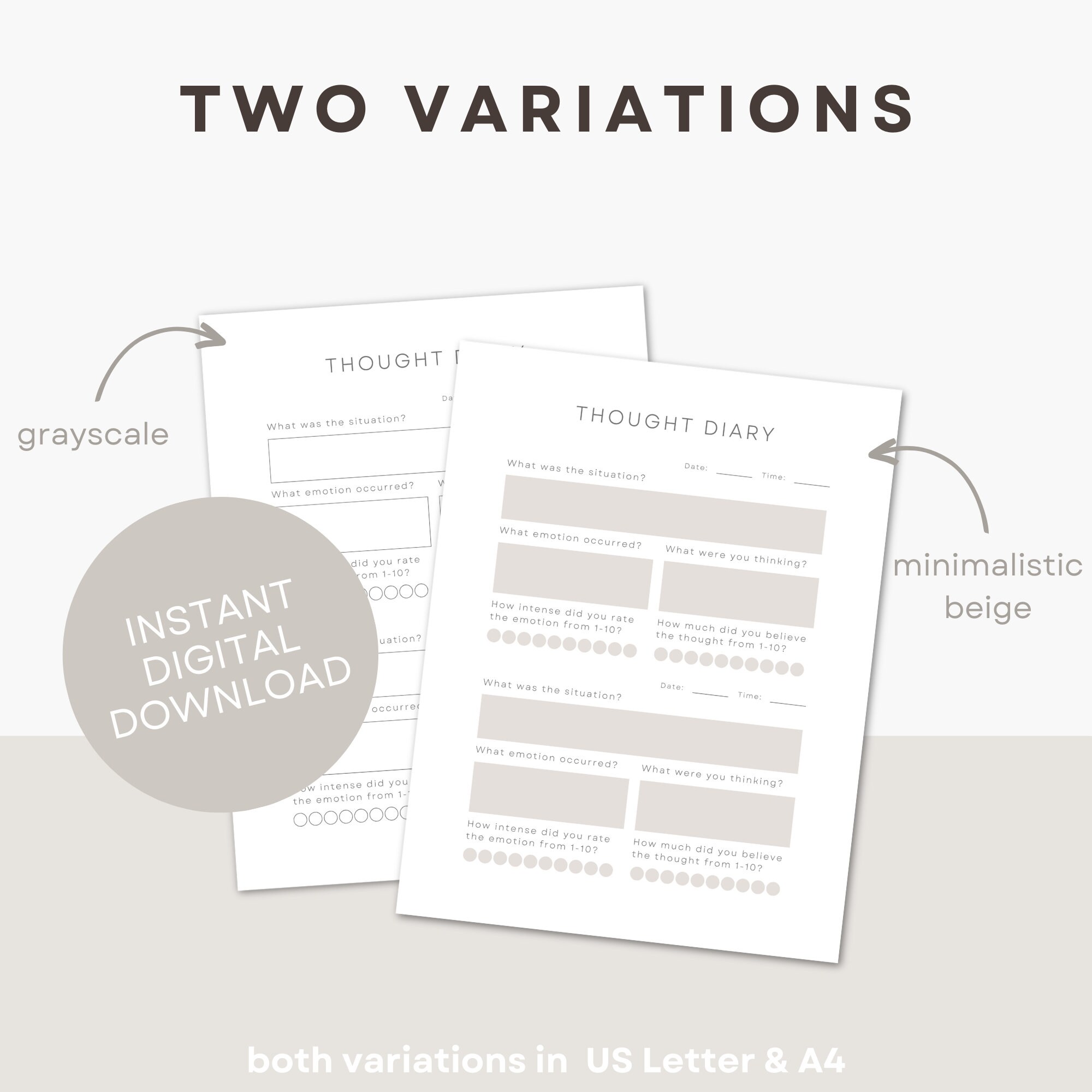 Thought Diary and Thought Evaluation CBT Worksheets Self-reflection ...