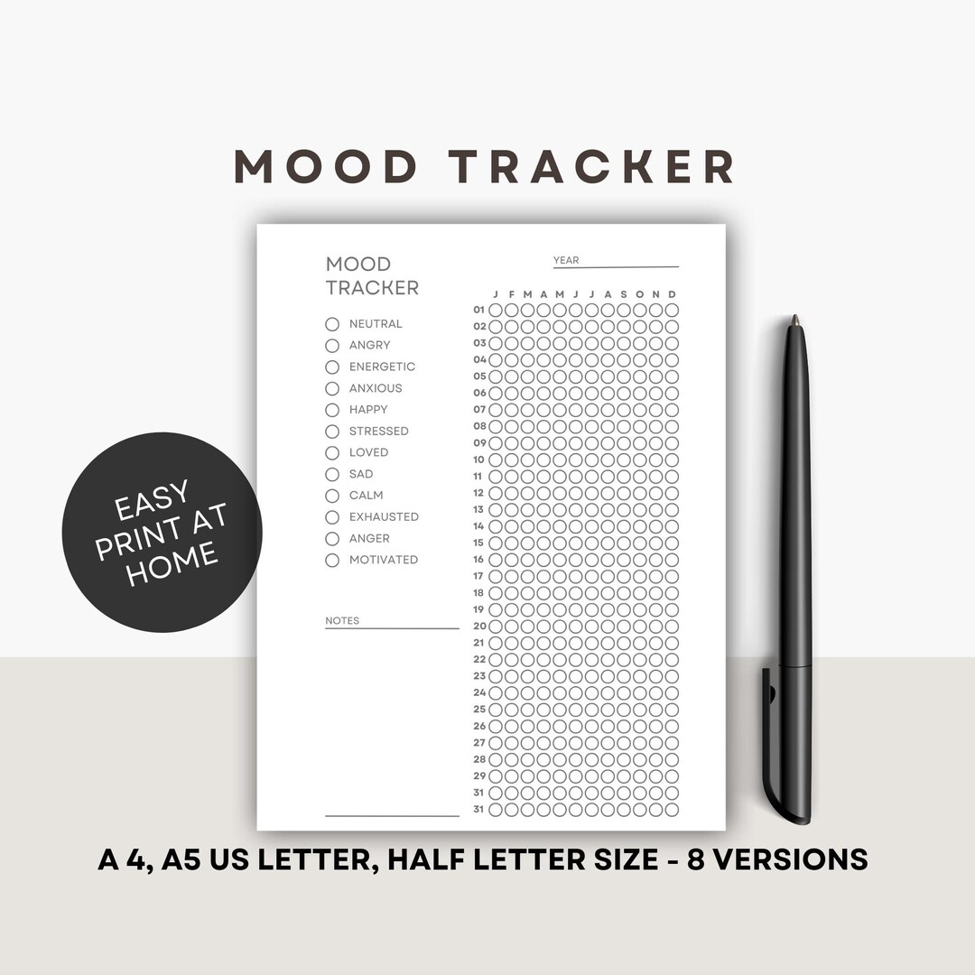 Mood Tracker Printable Journal Page Year in Pixels Daily Emotion Log ...