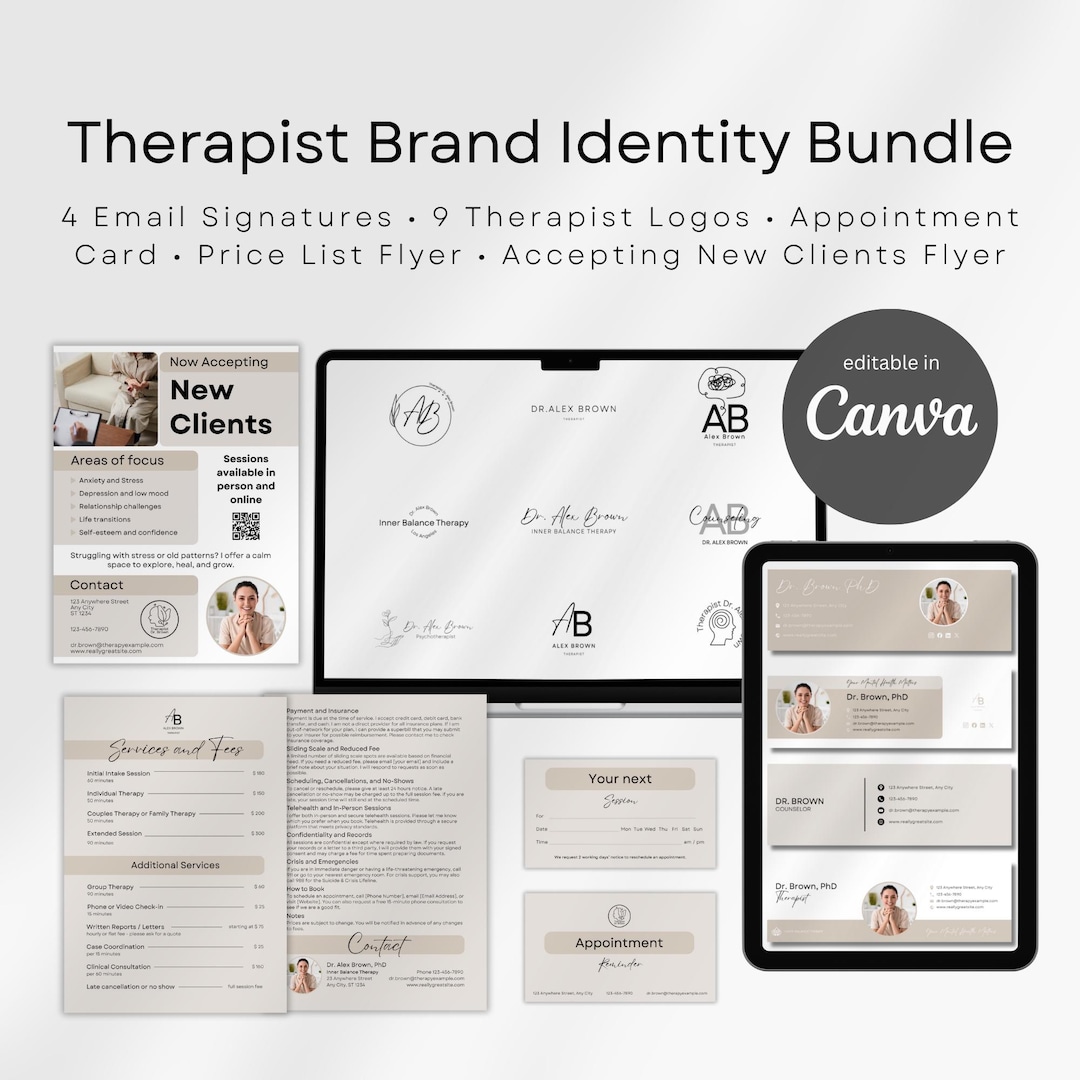 Therapist Brand Identity Bundle: Counseling Canva Logos, Therapy Email ...