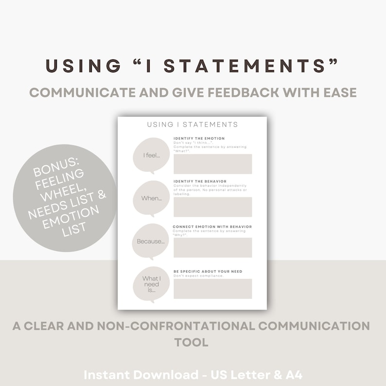I Statements Worksheets Feedback Communication Therapy Tool Couples ...