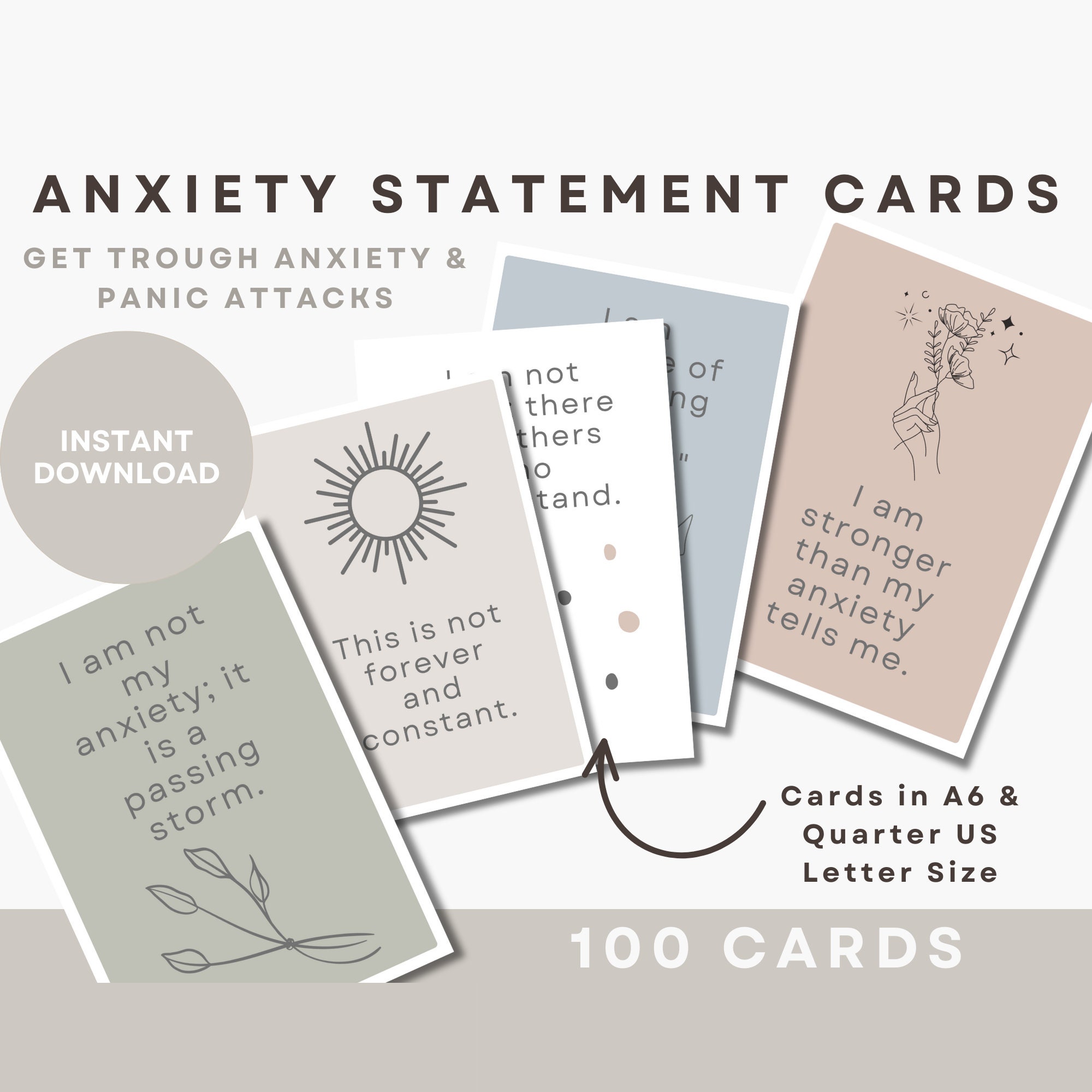 100 Printable Anxiety Statement Cards Set Daily Affirmations Panic ...