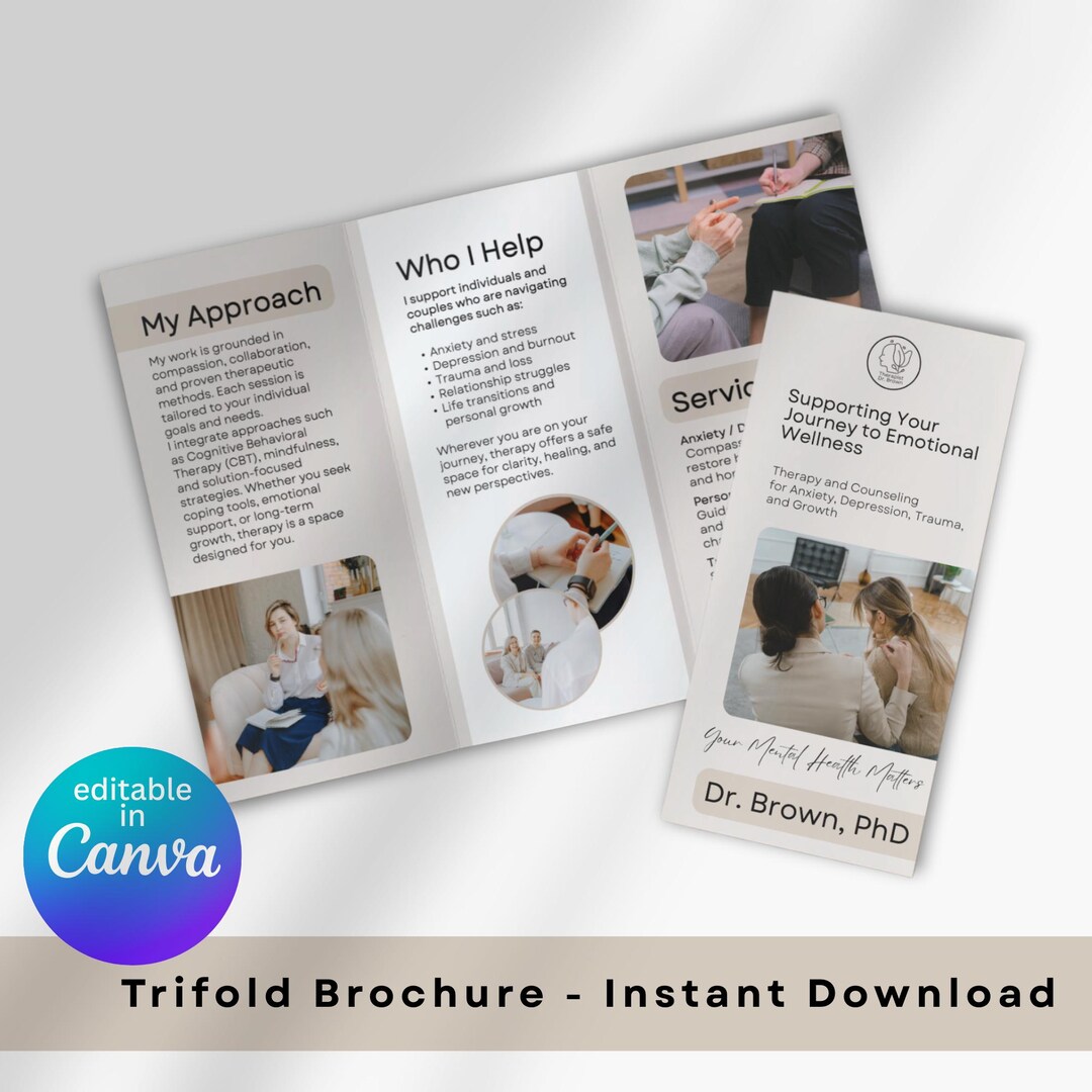 Mental Health Therapist Brochure Editable Trifold Template Canva ...