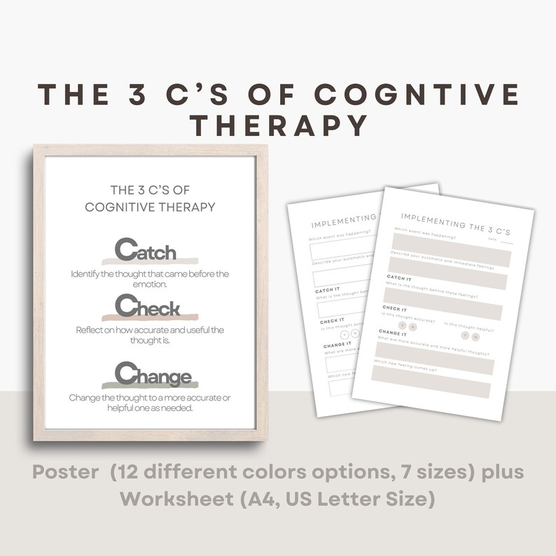 Printable CBT 3 C's Cognitive Therapy Worksheet and Poster Set Therapy Tool Psychological ...