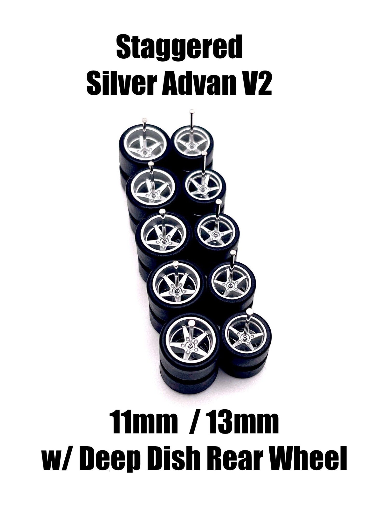 Staggered Silver Advan V2 (5 PACK SET) 11mm/13mm - 1/64 Scale W/ Rubber ...