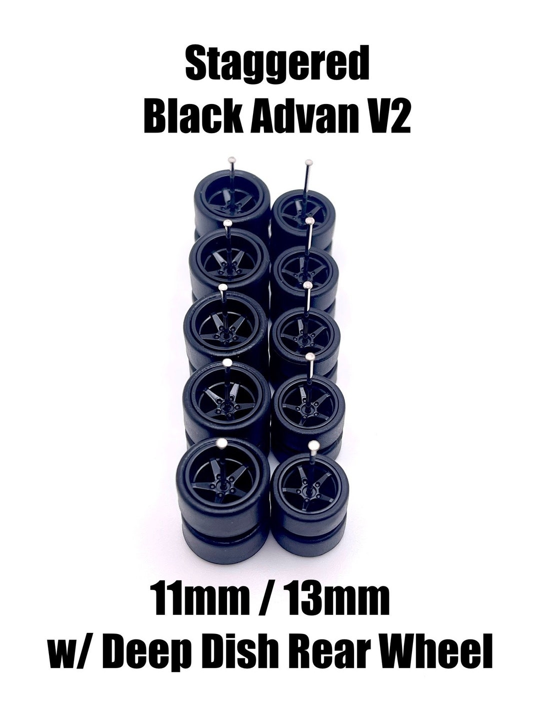 Staggered Black Advan V2 (5 PACK SET) 11mm/13mm - 1/64 Scale W/ Rubber ...